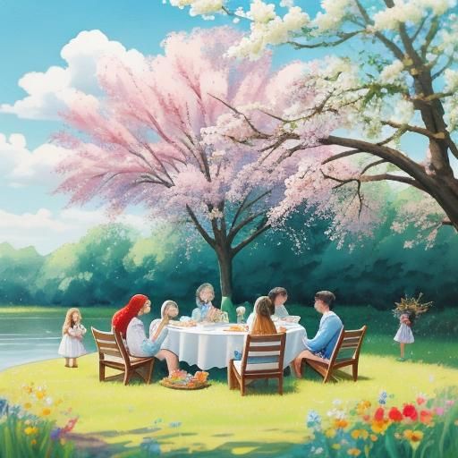 Beautiful family picnicked on the riverside in the summer day, foods on ...