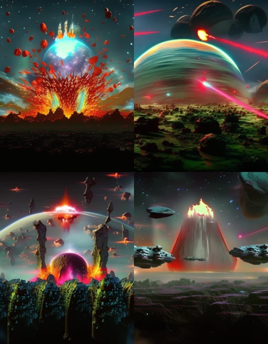 Nuclear Detonation, vibrant colors, highly detailed, alien world, spaceships exploding, 8k ...