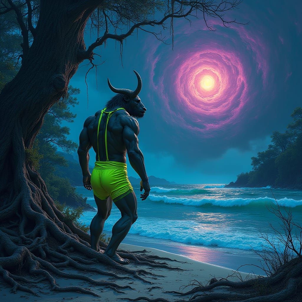 Mystical Minotaur Stands on Eldritch Beach in Vibr... - AI Art
