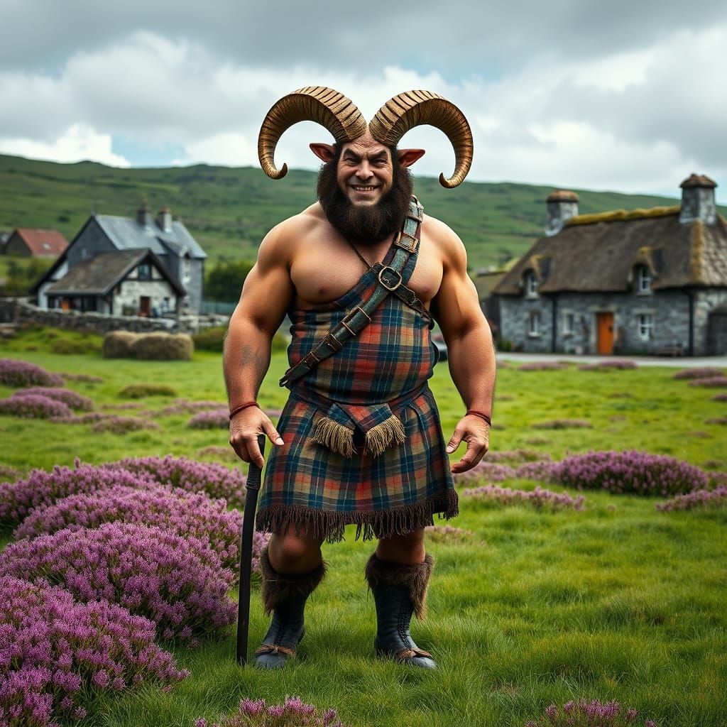 Mythical Irish Ram-Man in Vibrant Emerald Landscap... - AI Art