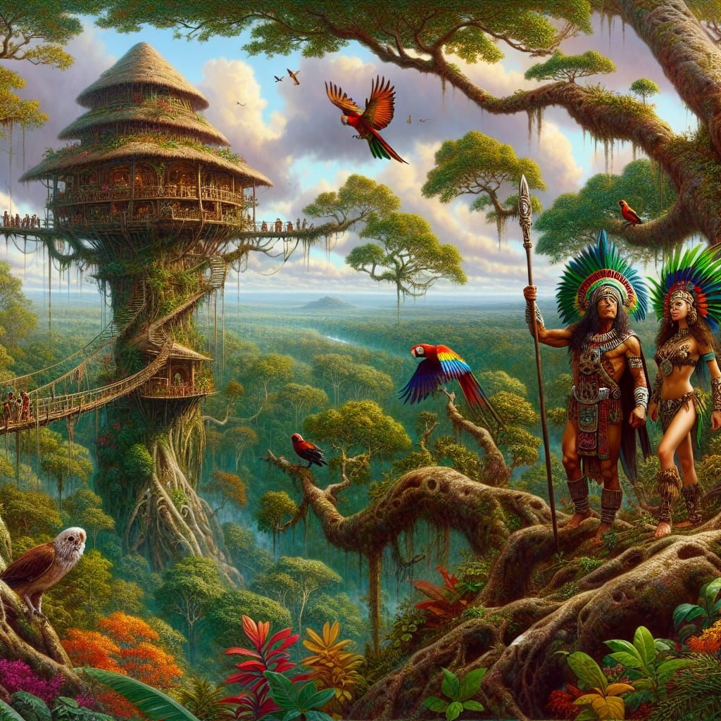Amazon Jungle, Tree House, Aztec King and Queen warrior, exotic rain ...