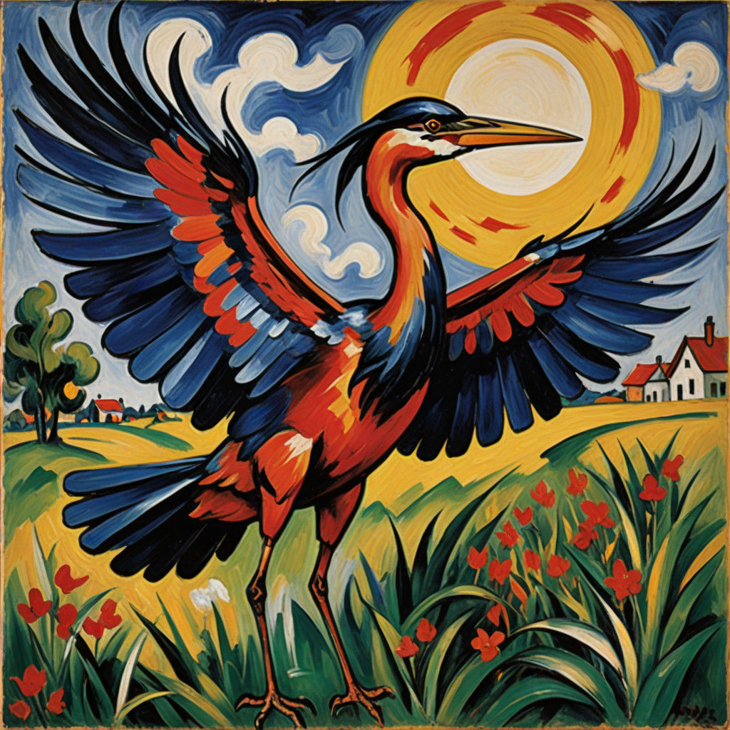 Retro bird - Vibrant Expressionist Bird in Flight
