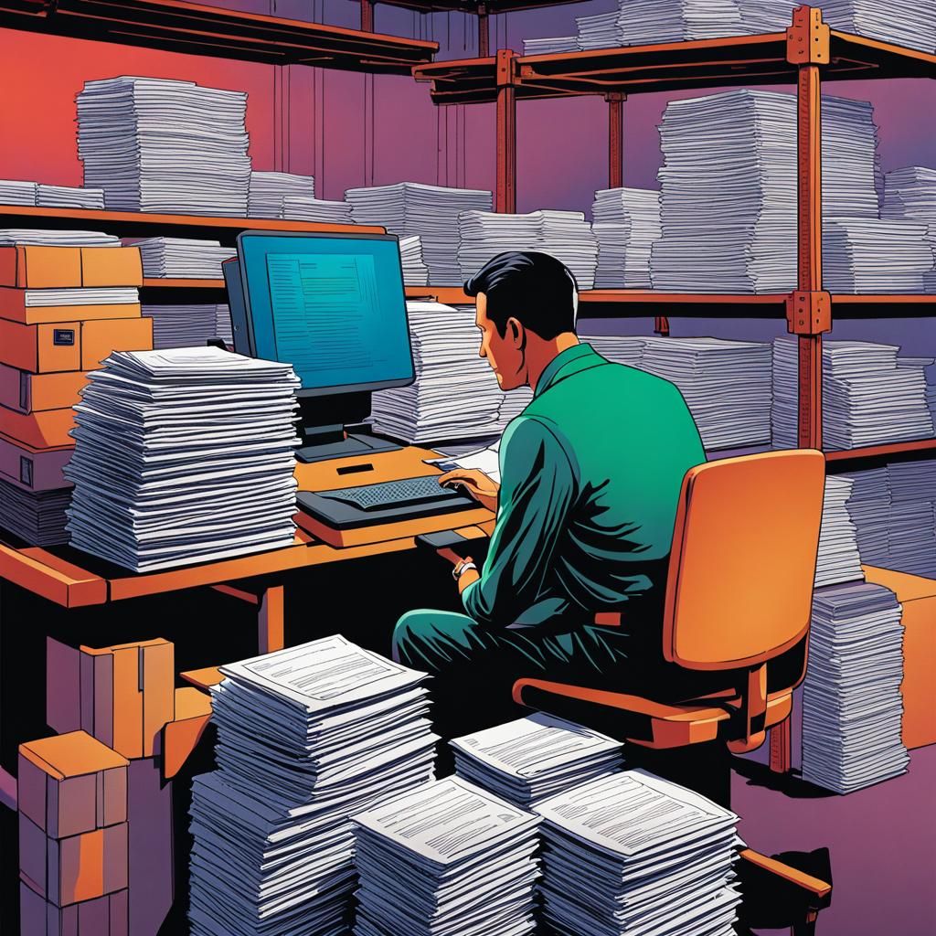 Colored ink illustration of a man sitting at a table with a (flatbed ...