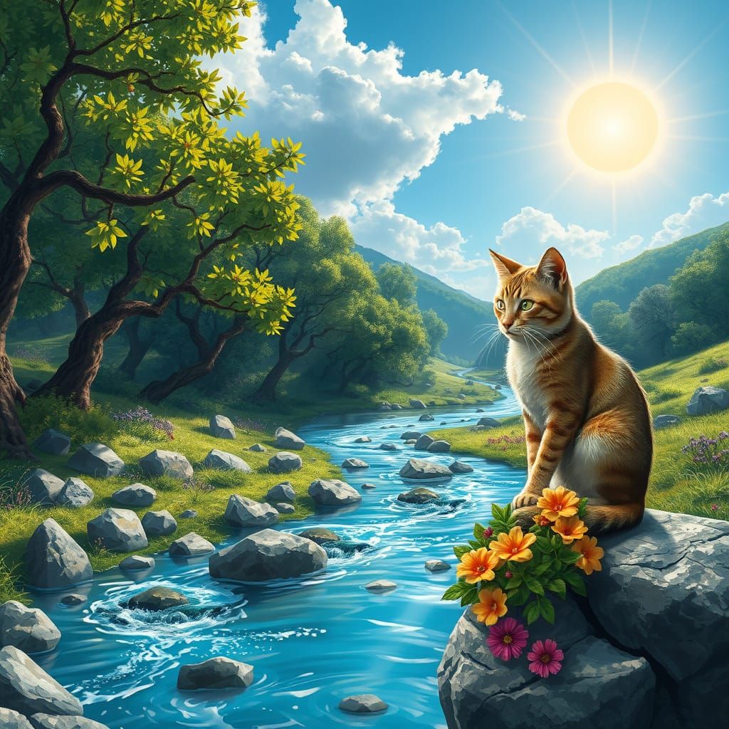 creame un paisaje natural con un riachuelo, arboles frutales, piedras ...