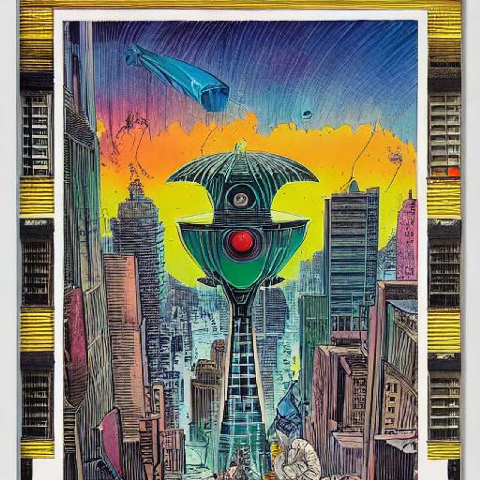 Moebius, Moebius type Ben 10 aliens 1963 Synth wave in Times Square drawing and water coloring ...