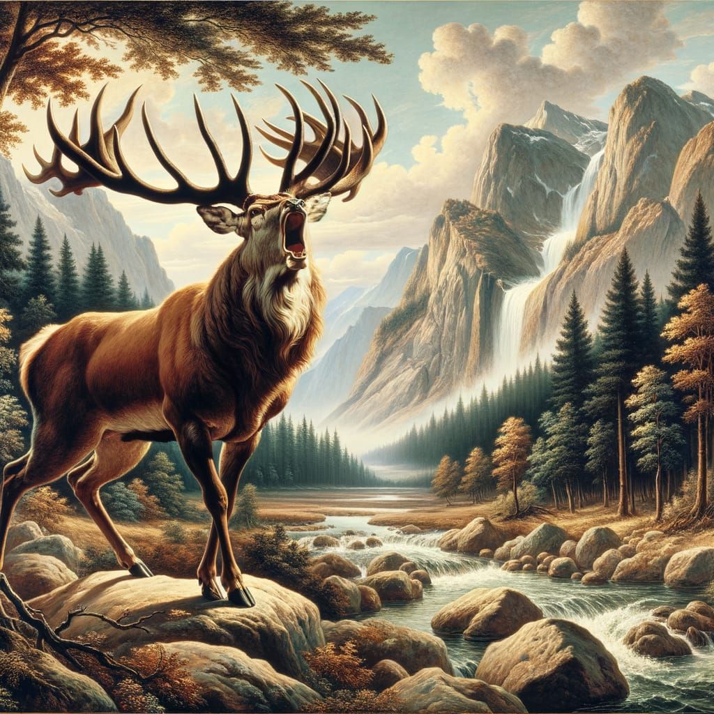 jelen kako riče sa velikim lijepim rogovima. šuma okolo. planinsko ...