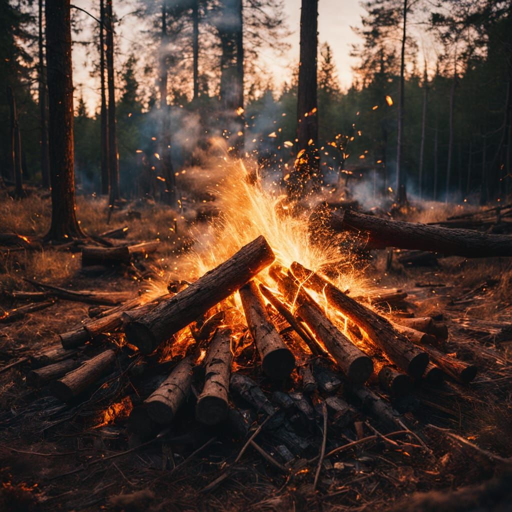 An explosion of sparks above a forest campfire: