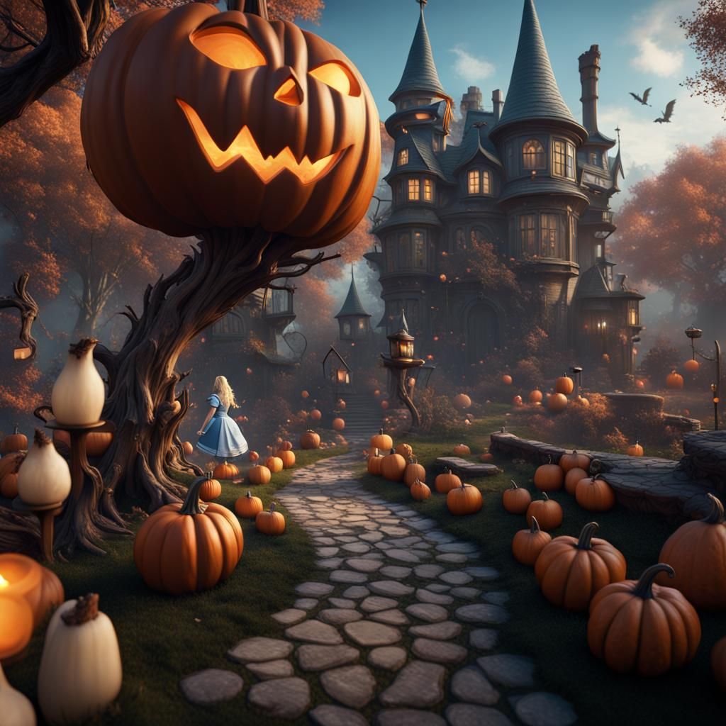 Alice in Wonderland Halloween-themed decorations - AI Generated Artwork ...