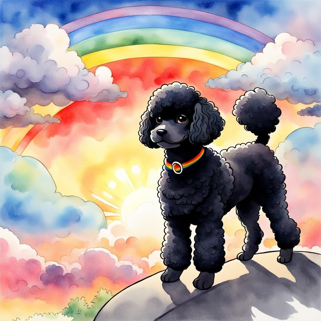 Black toy poodle dog under the sunrise with a rainbow and beautiful ...
