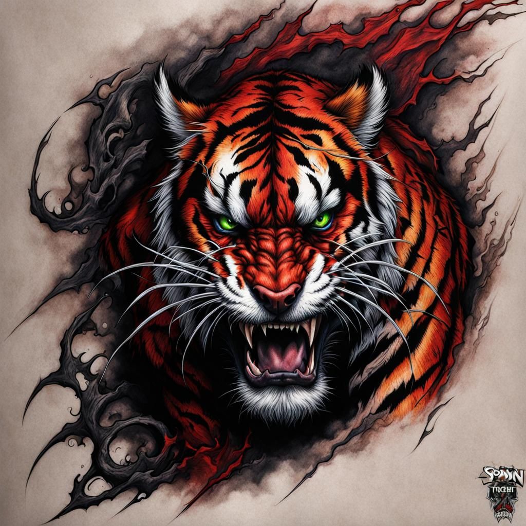 (Spawn:1.2) Tiger, Created by Todd McFarlane, tattoos, colored sketched ...