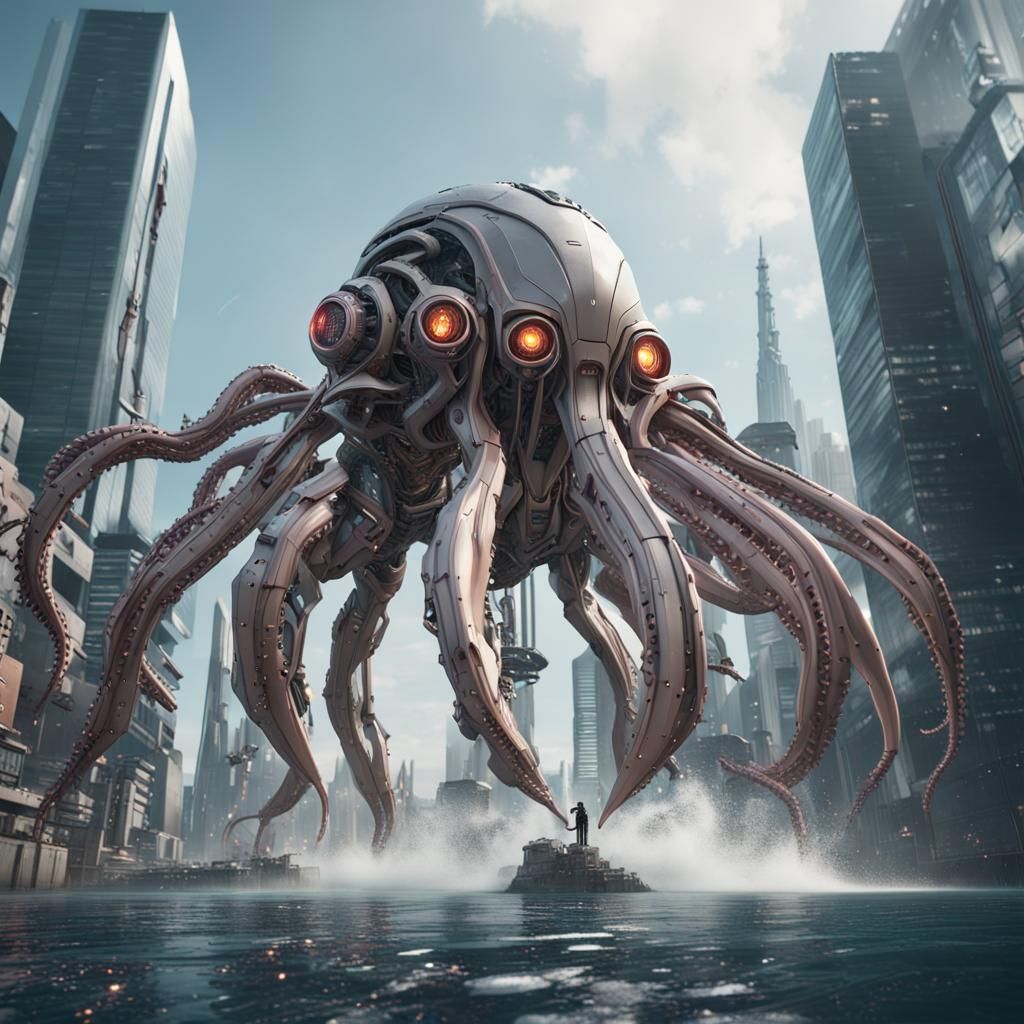 A Giant Mecha-Squid coming out of the Ocean to attack a futuristic Neo-Tokyo, wrapping its ...