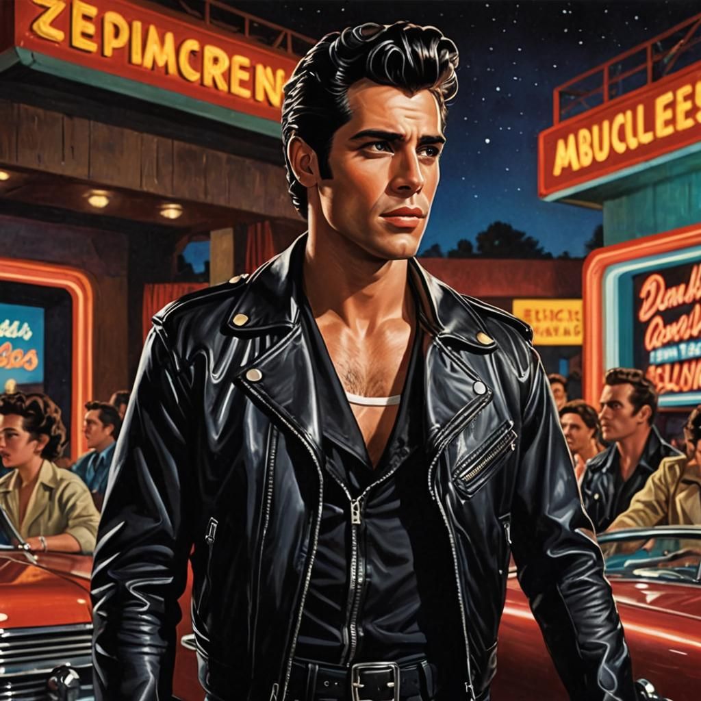 Danny Zuko wearing leather jacket open, revealing attractive chest skin ...