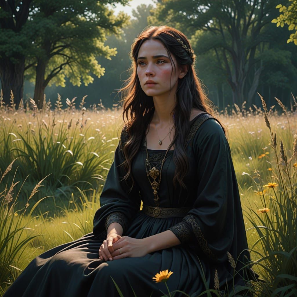Sorrowful Princess in Lush Meadow Landscape in DSL... - AI Art