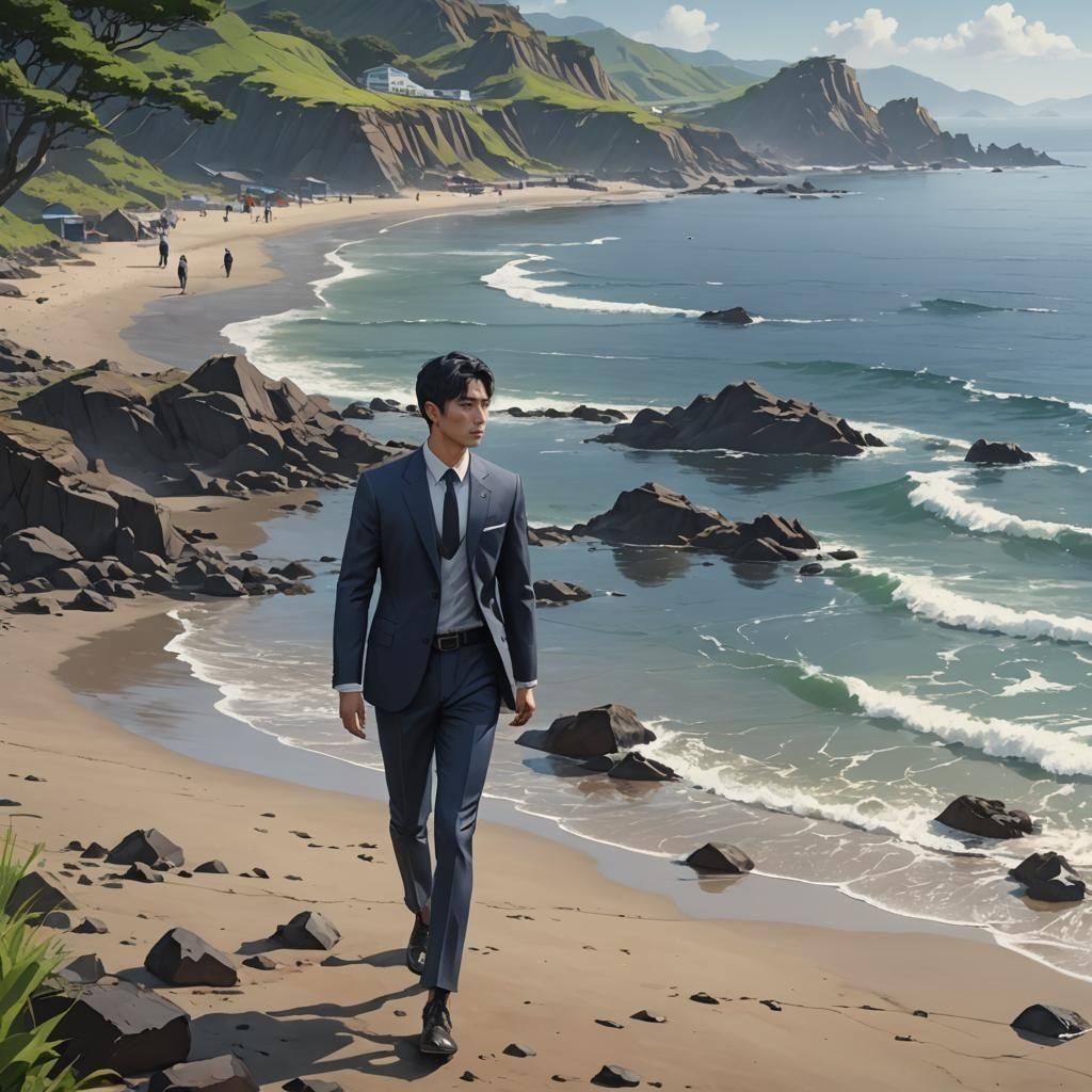 Korean man, modern, handsome, well-dressed, walking by the shore in ...