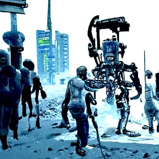 Ai robots with humans slaves in post apocalyptic city - AI Generated ...