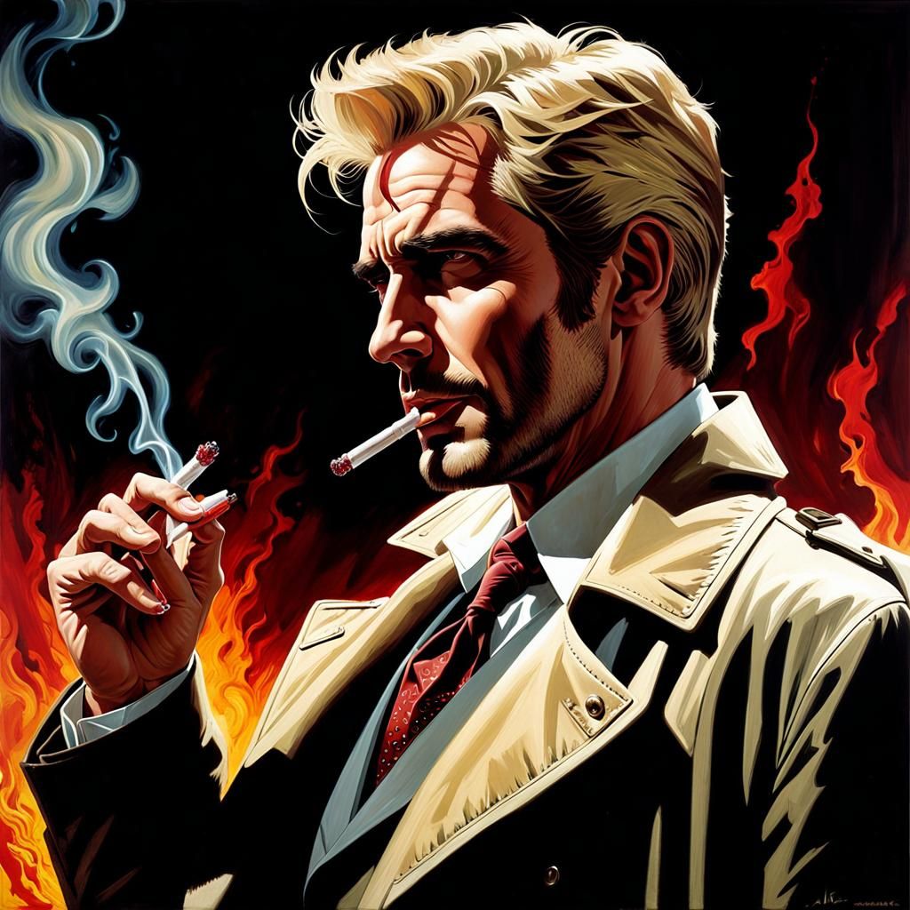 sinister, horror concept art, profile shot, {John Constantine: 1.3}, handsome middle-aged ...