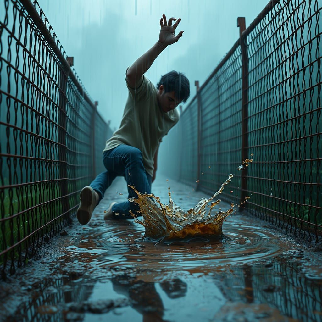 Dramatic Fall into a Muddy Puddle in a Fantastical... - AI Art