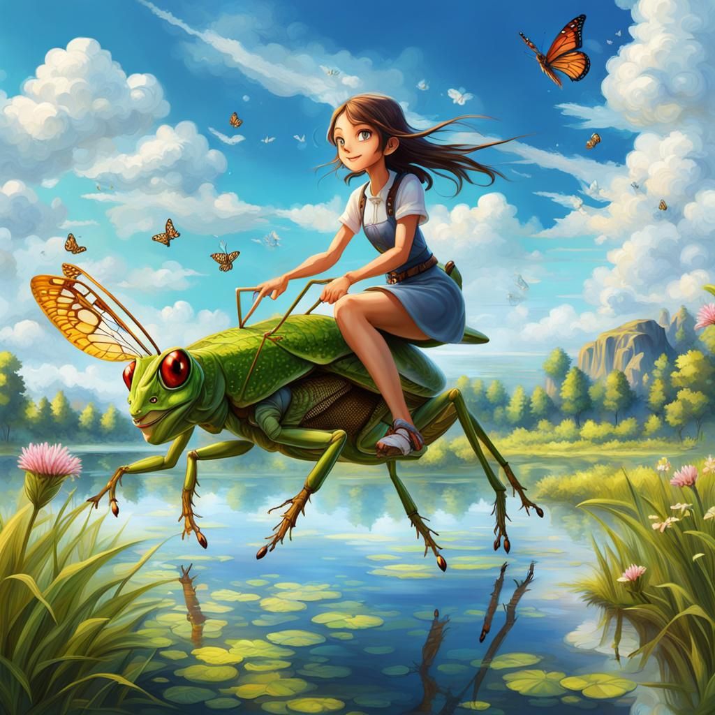 Riding a large grasshopper. - AI Generated Artwork - NightCafe Creator