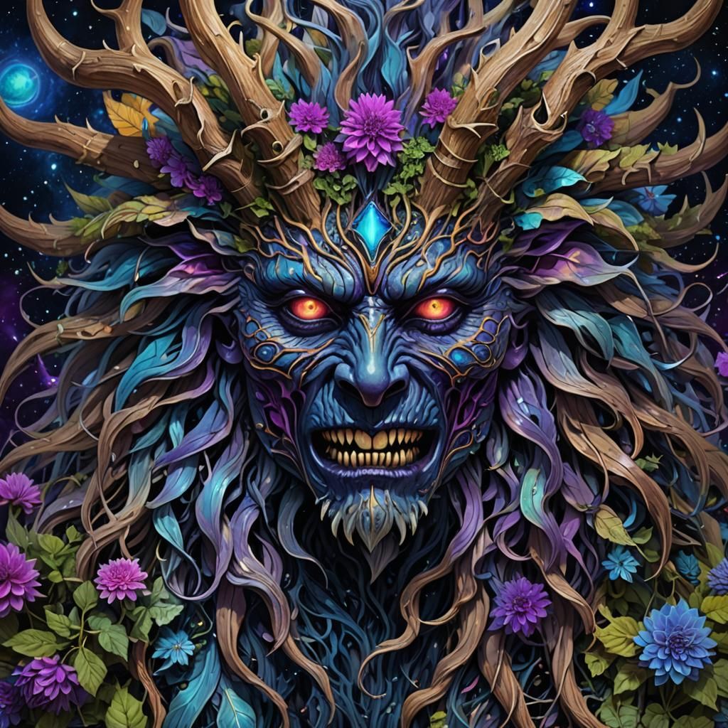 (Hyper detailed psychedelic close up 2/3 face angle with lots of ...