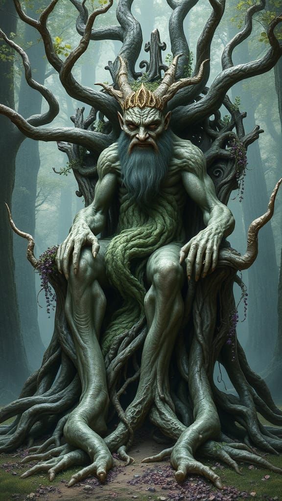 a treant sitting on a throne of roots, elder tree, elderberry, artwork ...