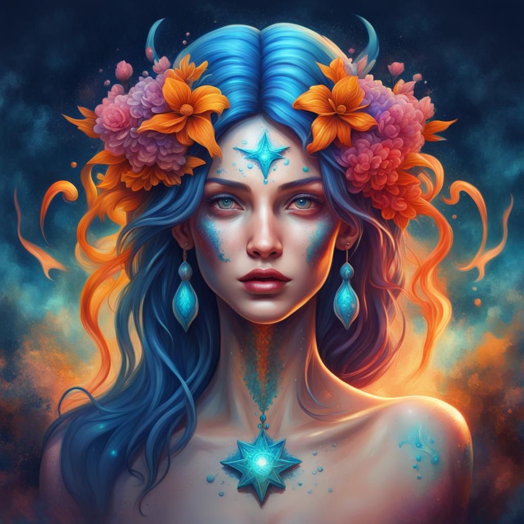 Zodiac Aquarius star sign, tattoo, beautiful woman, impressionist style ...