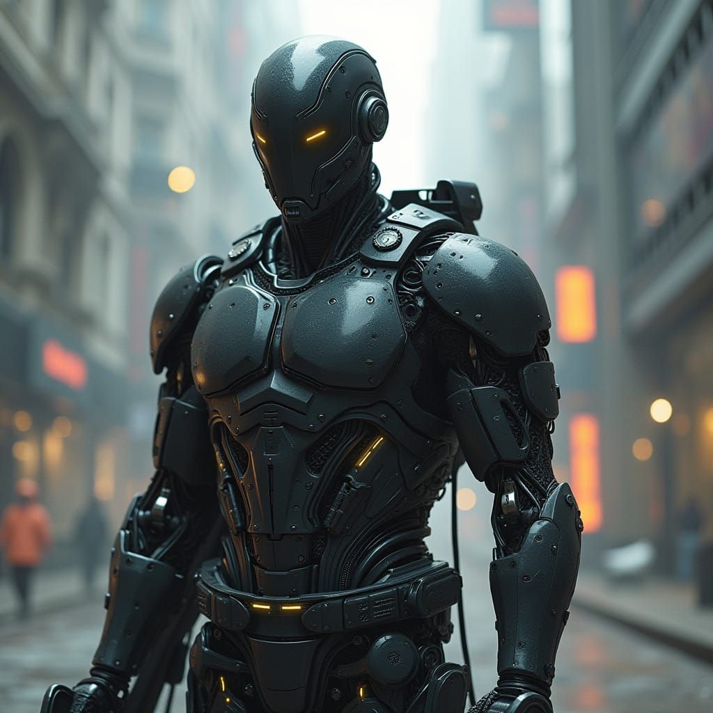 Cybernetic Warrior Emerges from Futuristic Metropo... - AI Art