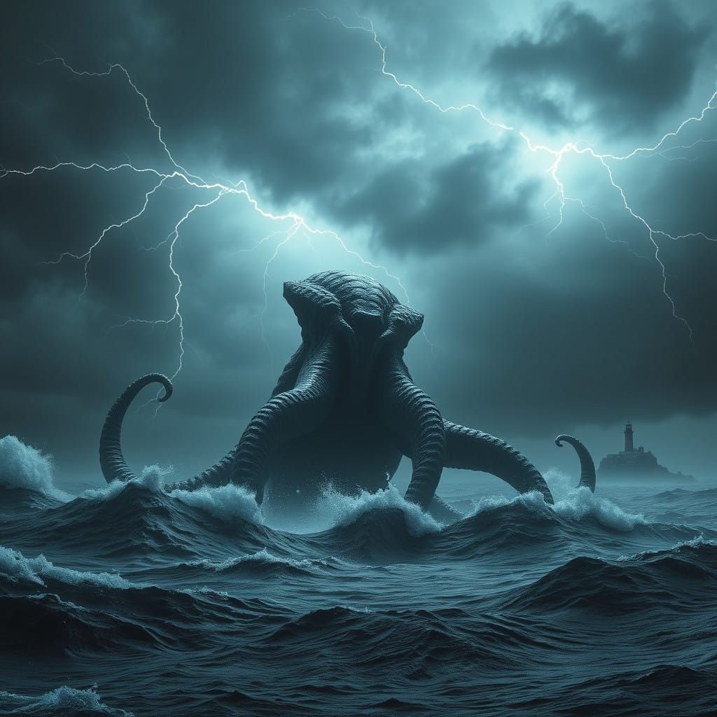 Realistic Cthulhu Rising from the Turbulent Sea - AI Art