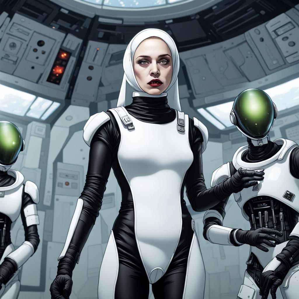punk nun catholic in Space suit, on an allien planet, is visiting an ...