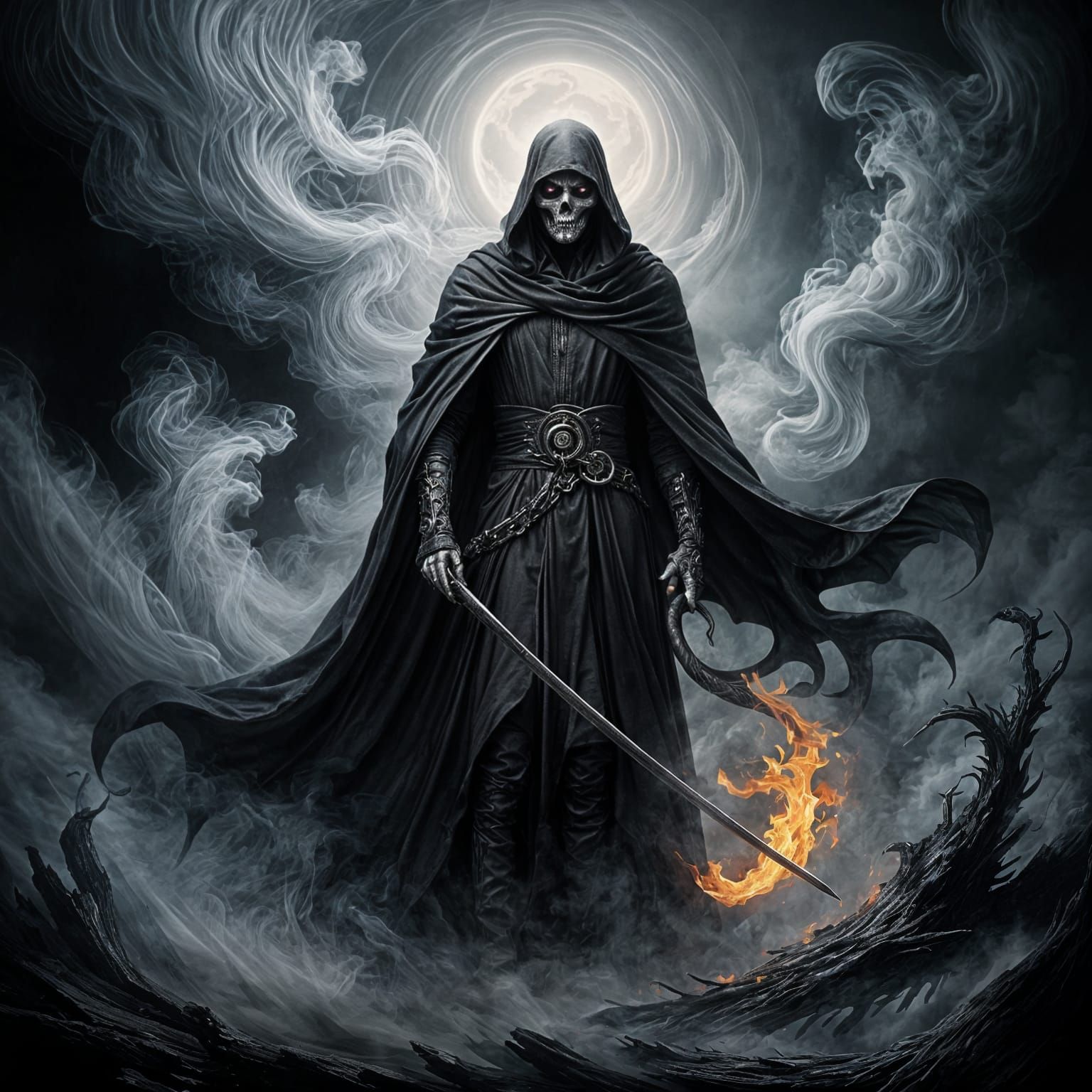 Create a hyperrealistic masterpiece showcasing the figure of a grim ...
