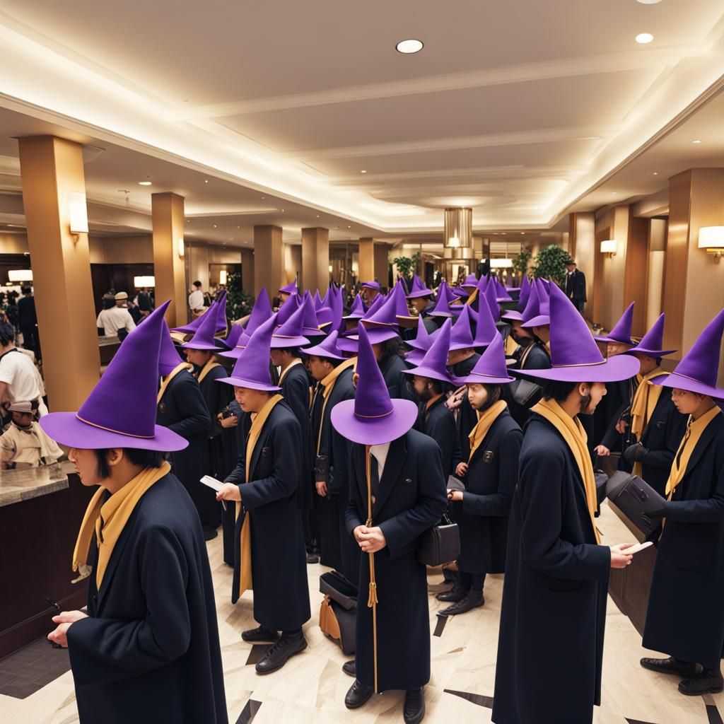 Hotel lobby full of point hat wizards witing for the check in desk, at ...