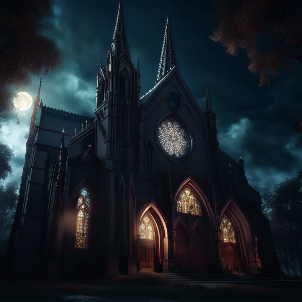 Moonlit gothic church exterior with light coming from the stained glass ...