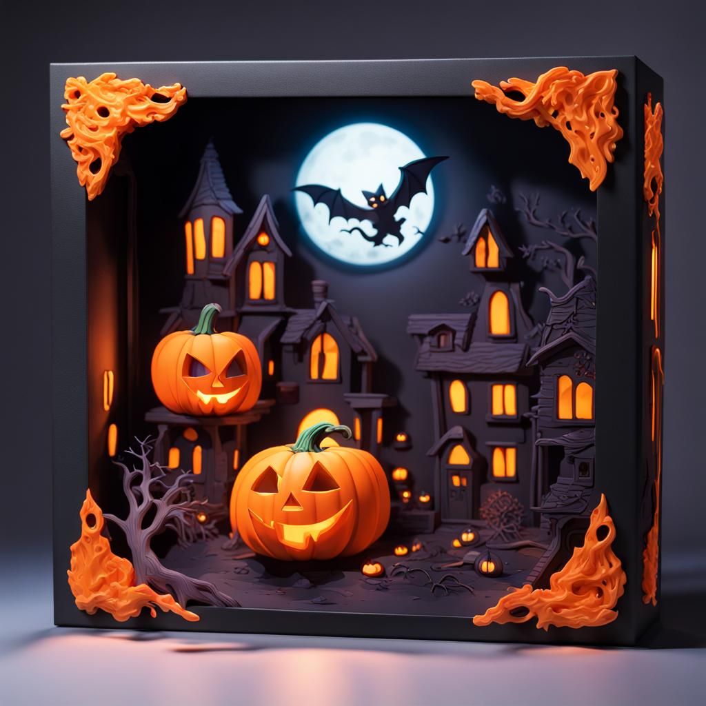 front view of Lunibox of a typical halloween scene, light box, 3d ...