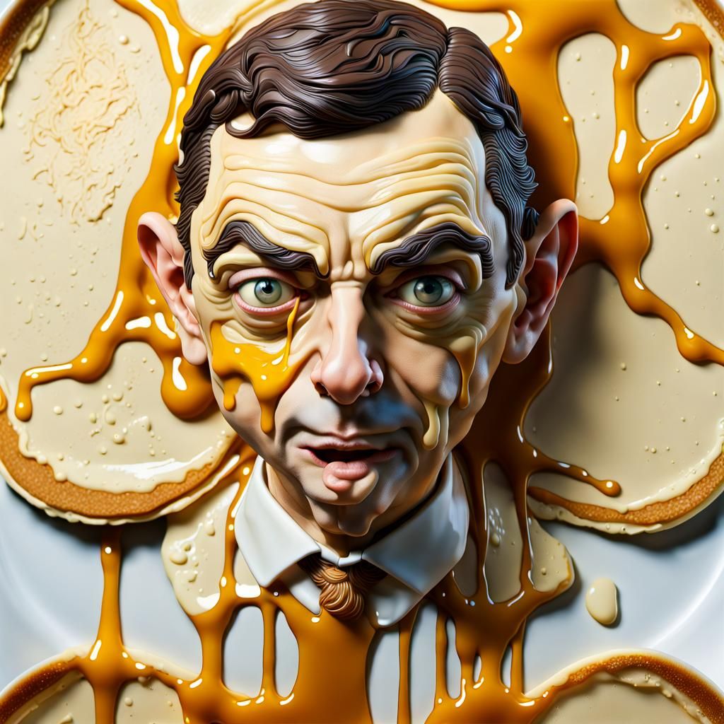 3d semiconductor humanoid Mr. Bean made of pancakes flowing dripping ...