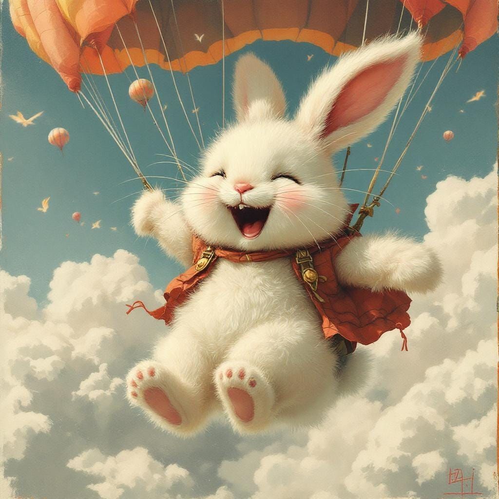 Weee - Laughing Bunny Parachuting in Expressionist Style
