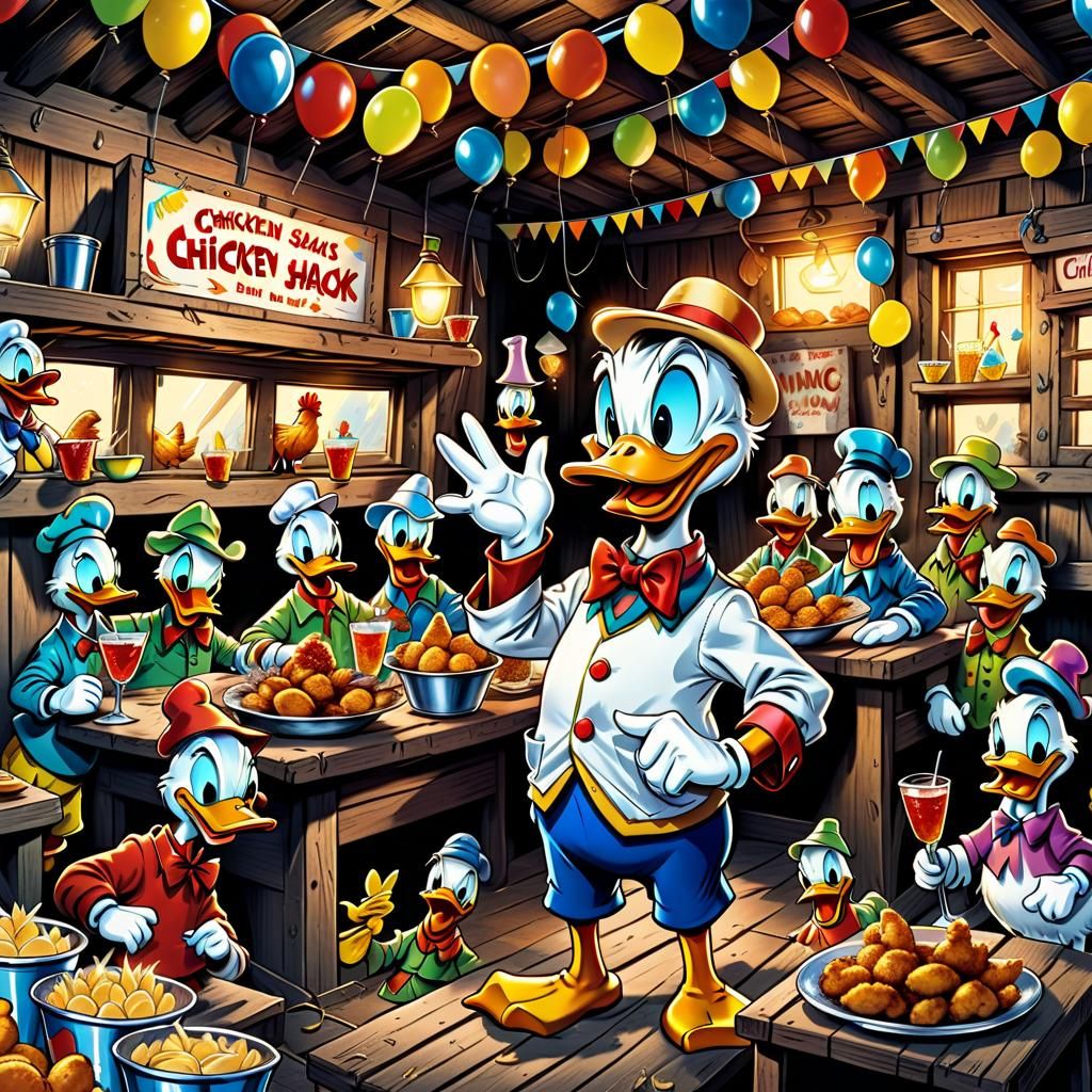 Donald Duck having a party in the chicken shack , cartoon style, vivid ...
