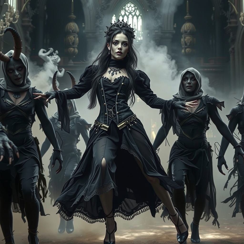 {The Queen dances with her demons. Legs and feet exposed, corset and ...