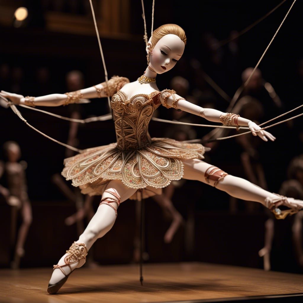 Hyperdetailed ballerina marionette pulled by strings, on a stage ...