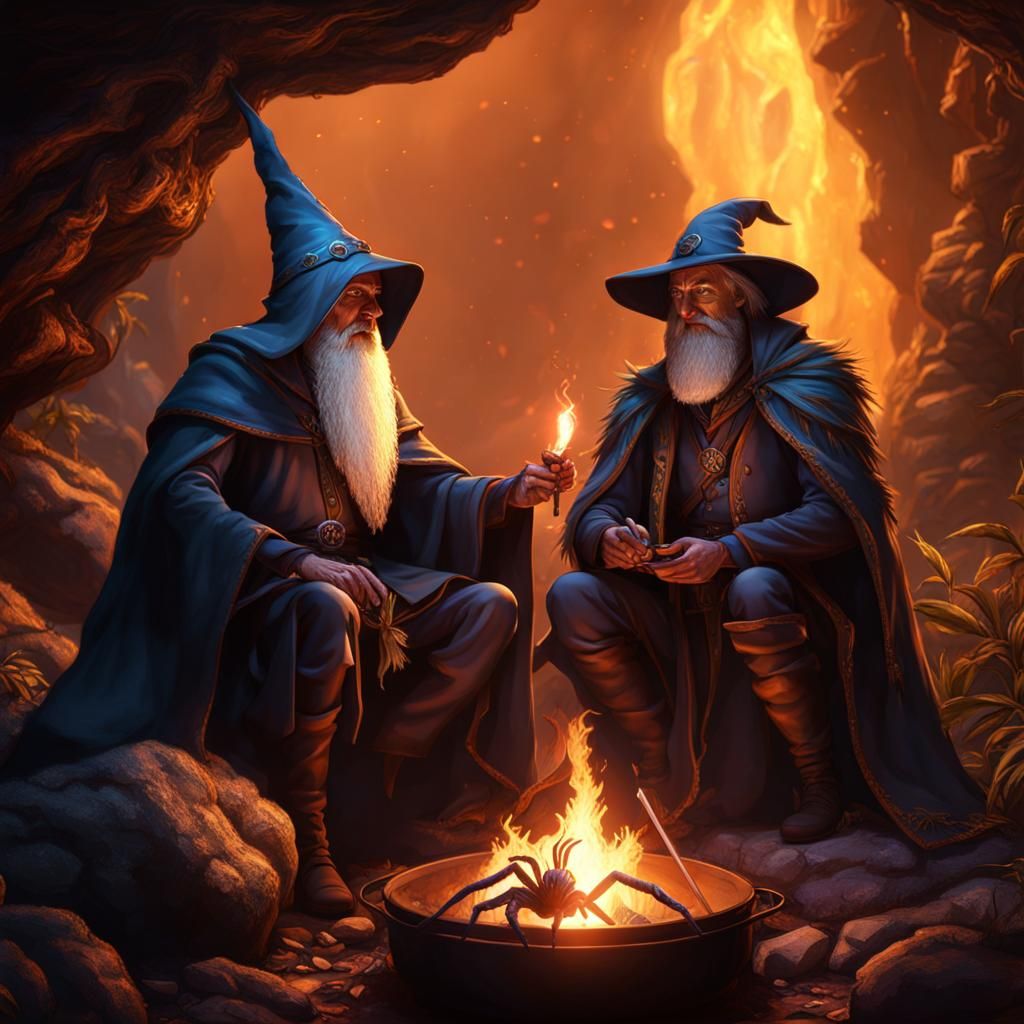 Wizard chilling with spider friend in a cave by a firepit - AI ...