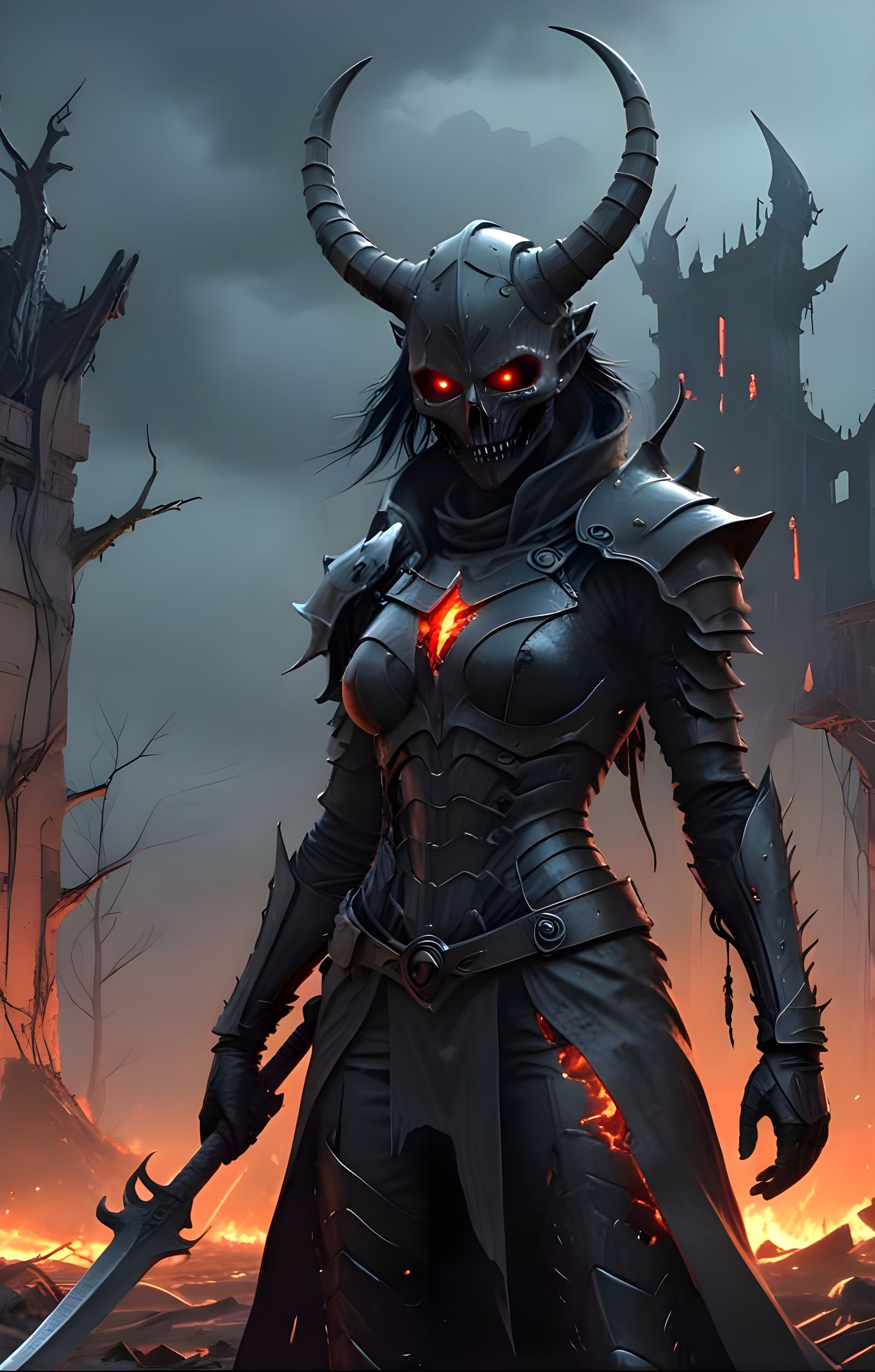 A female demon warrior, clad in tattered black leather armor with razor-sharp horns protruding ...