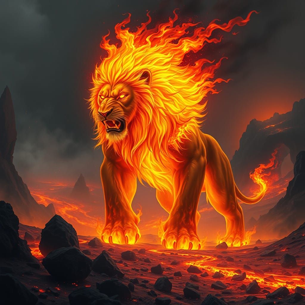 A hyperrealistic, highly detailed, colossal, ferocious lion composed ...