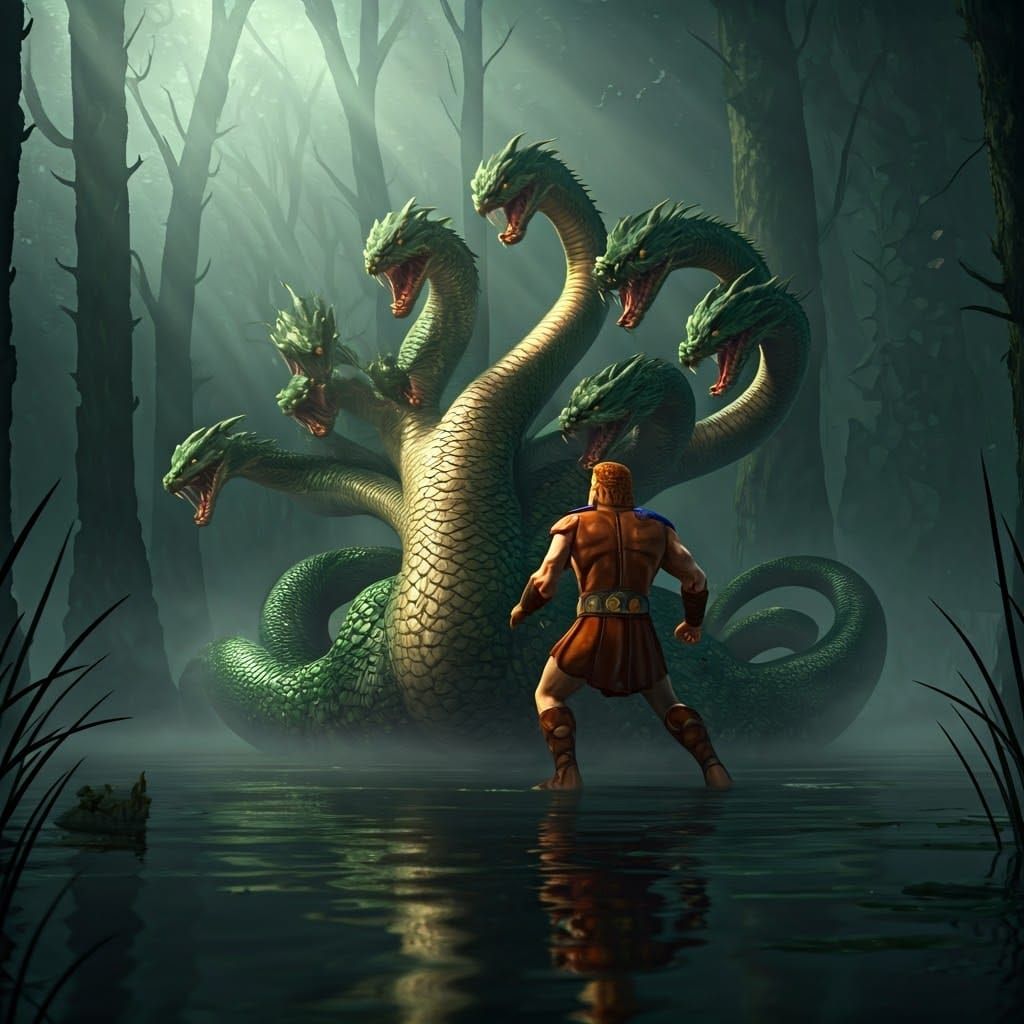Hercules Battles the Hydra in a Misty Swamp Landsc... - AI Art