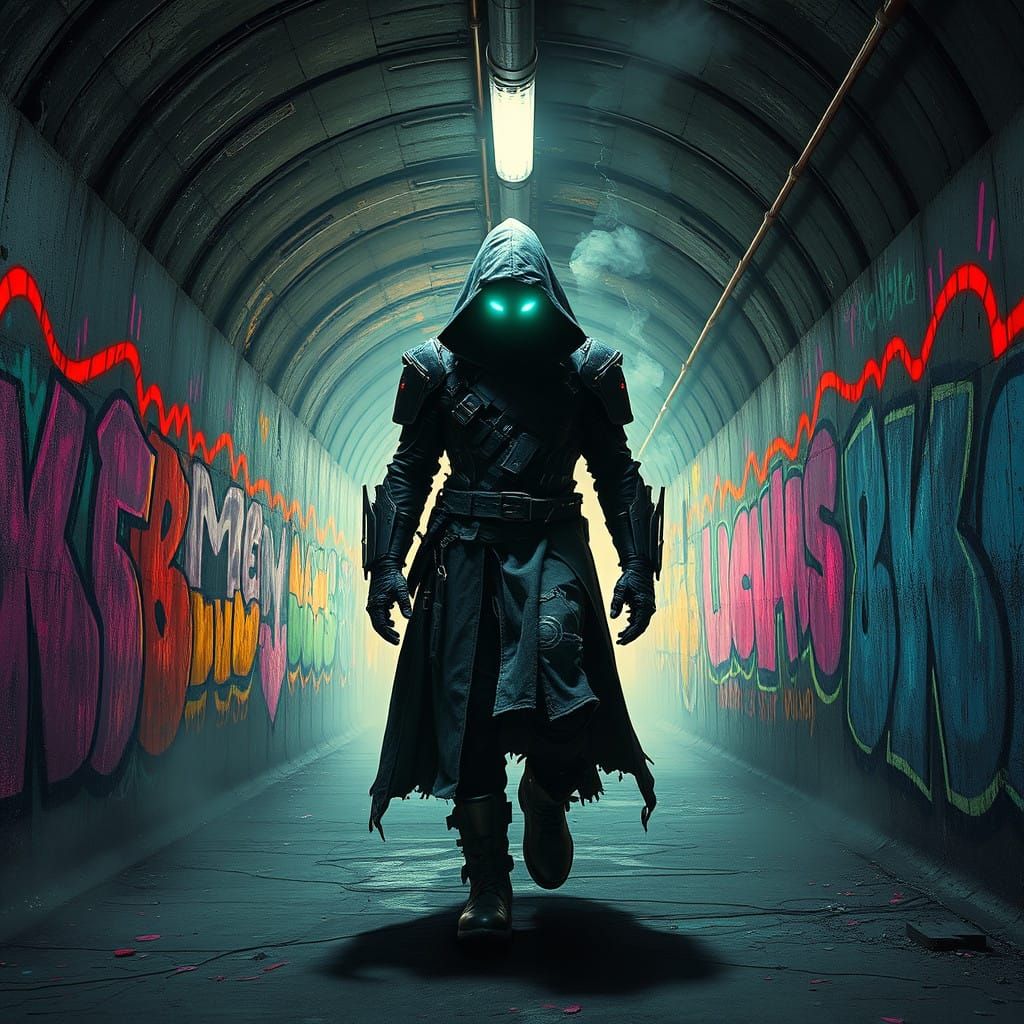 Menacing Thug Paces Abandoned Subway Tunnel in Hyp... - AI Art