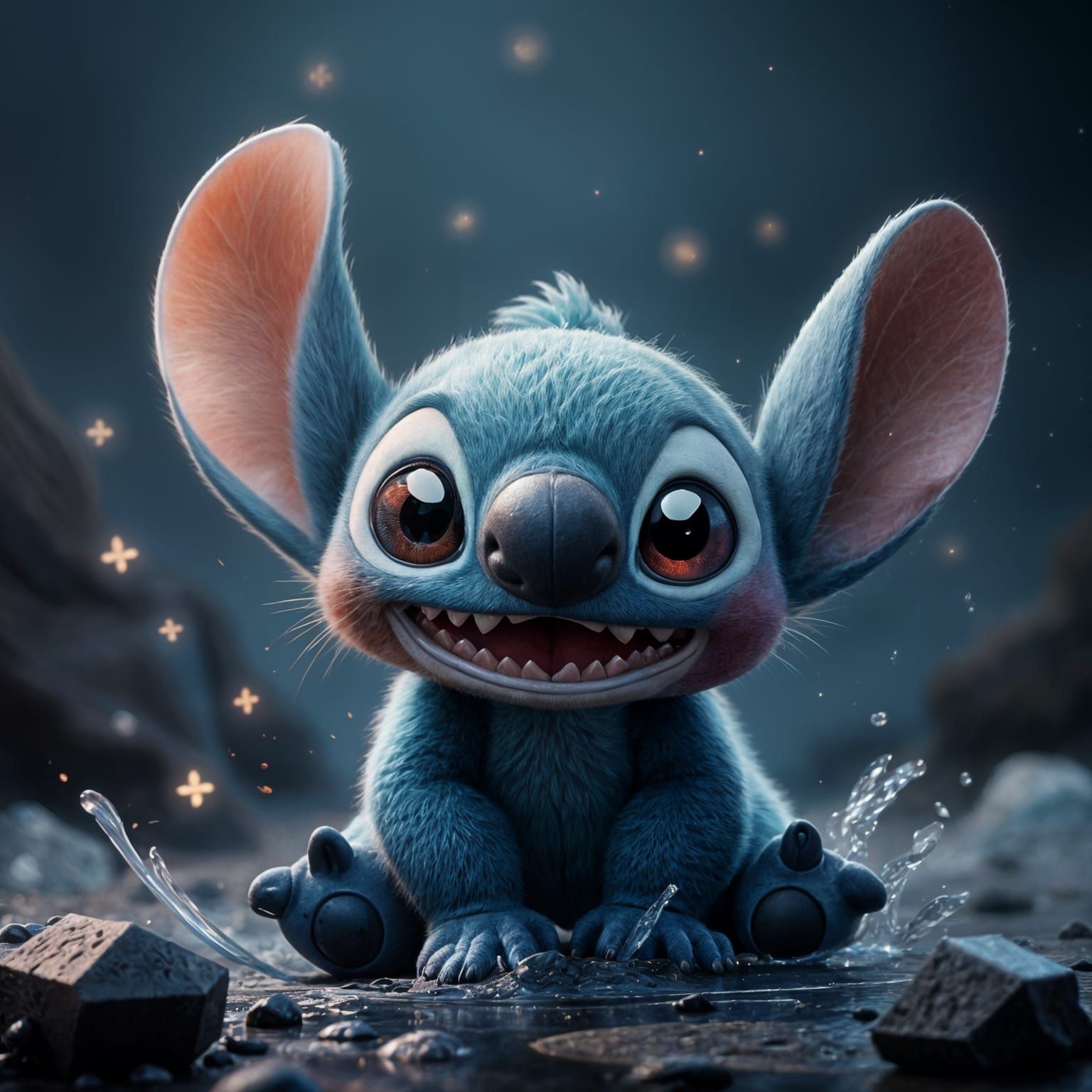 Fluffy Stitch in Vibrant Fantasy Landscapes - AI Art