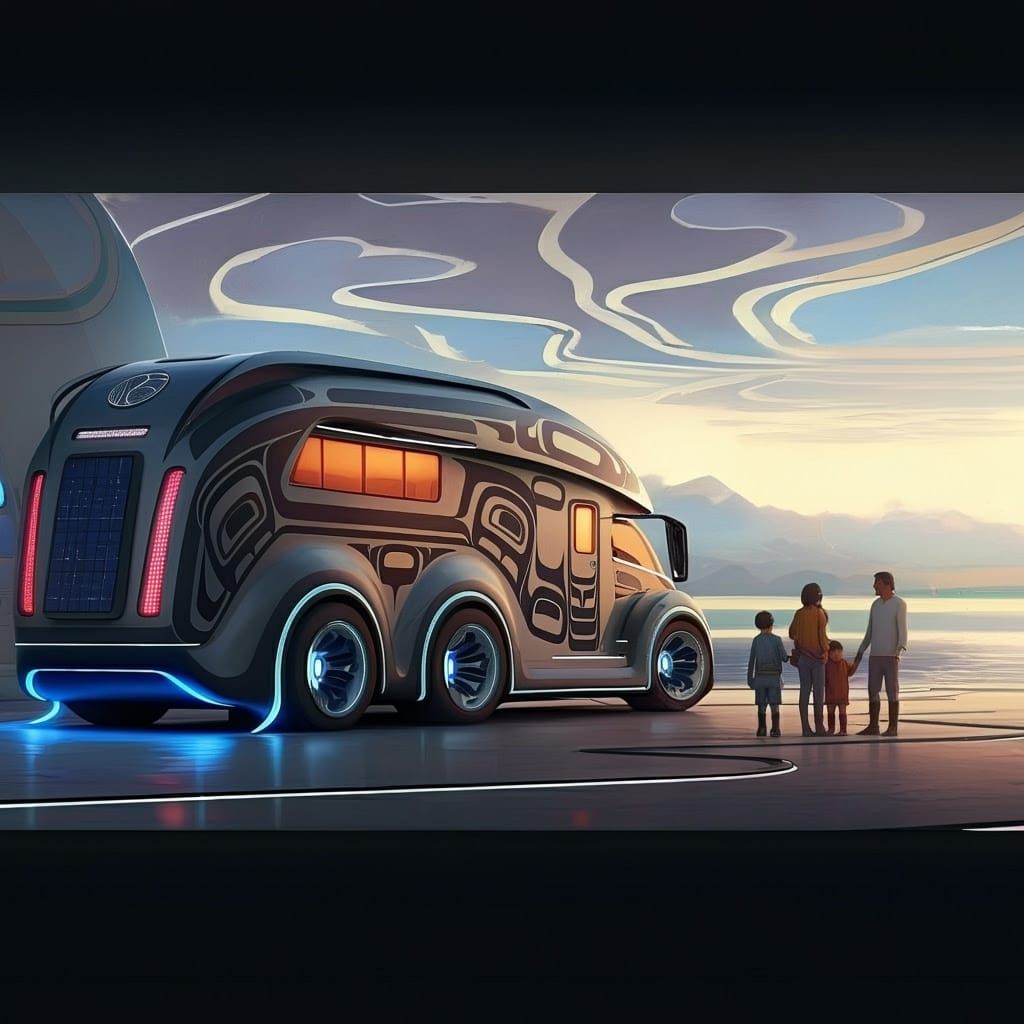 A sleek, futuristic aerodynamic recreational motorhome vehicle, adorned ...
