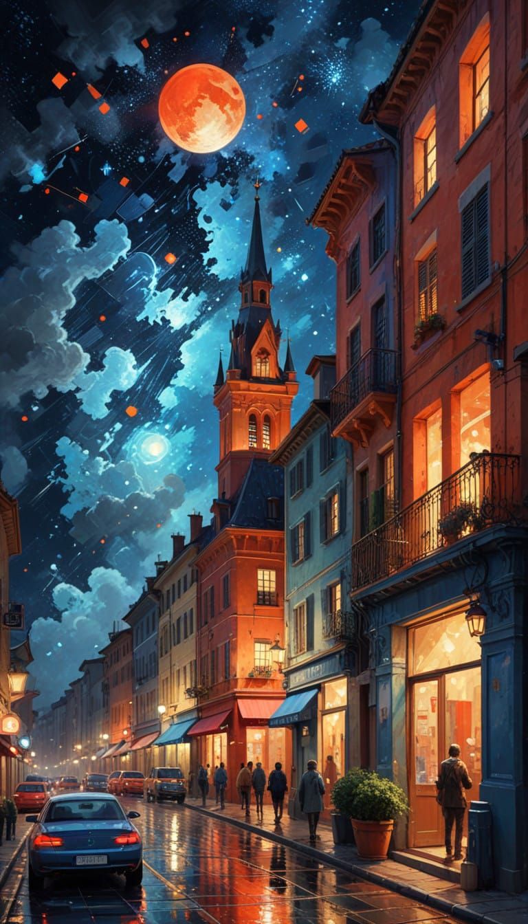 Cubist Starry Cityscape in Vibrant Oil Colors - AI Art