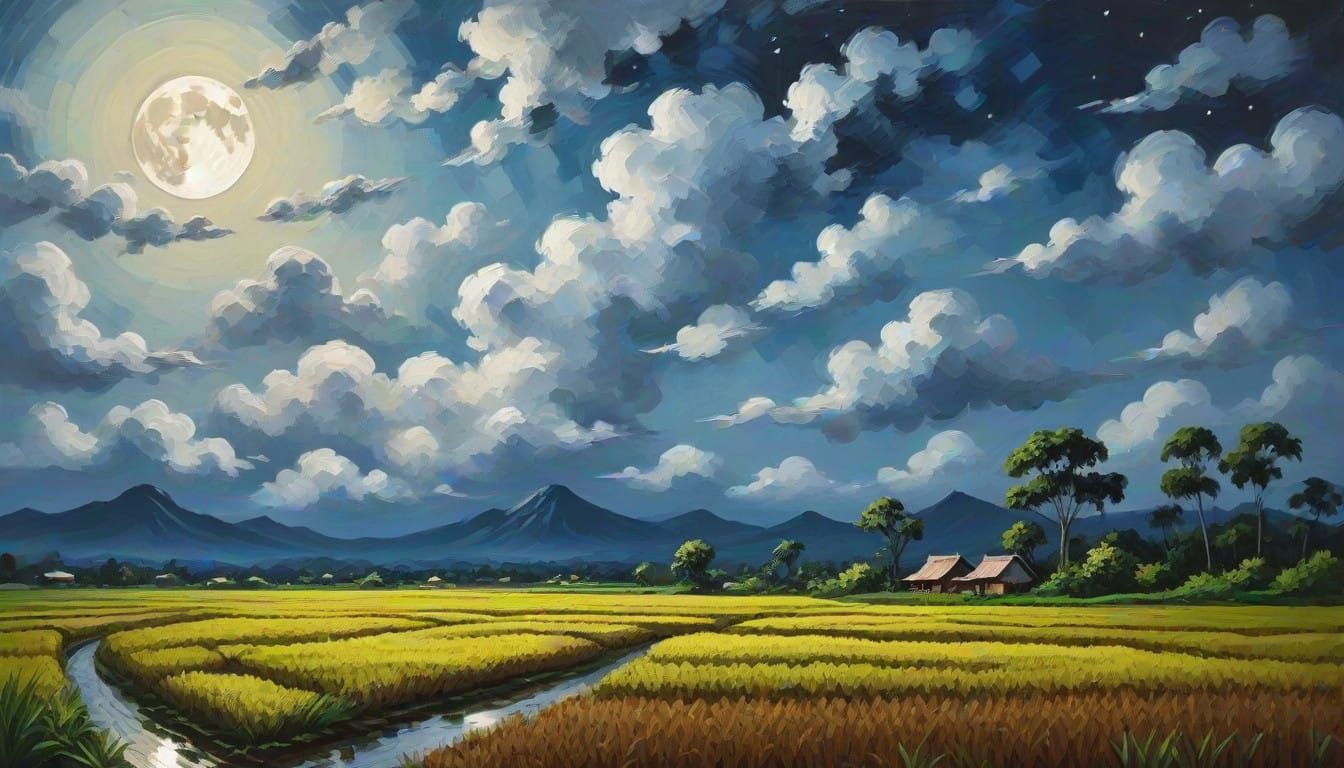 Rice fields on a stormy full moon night