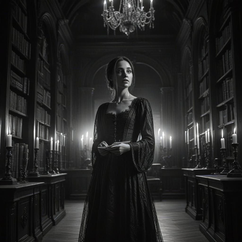 A melancholic gothic woman with long, dark hair stands in a grand ...