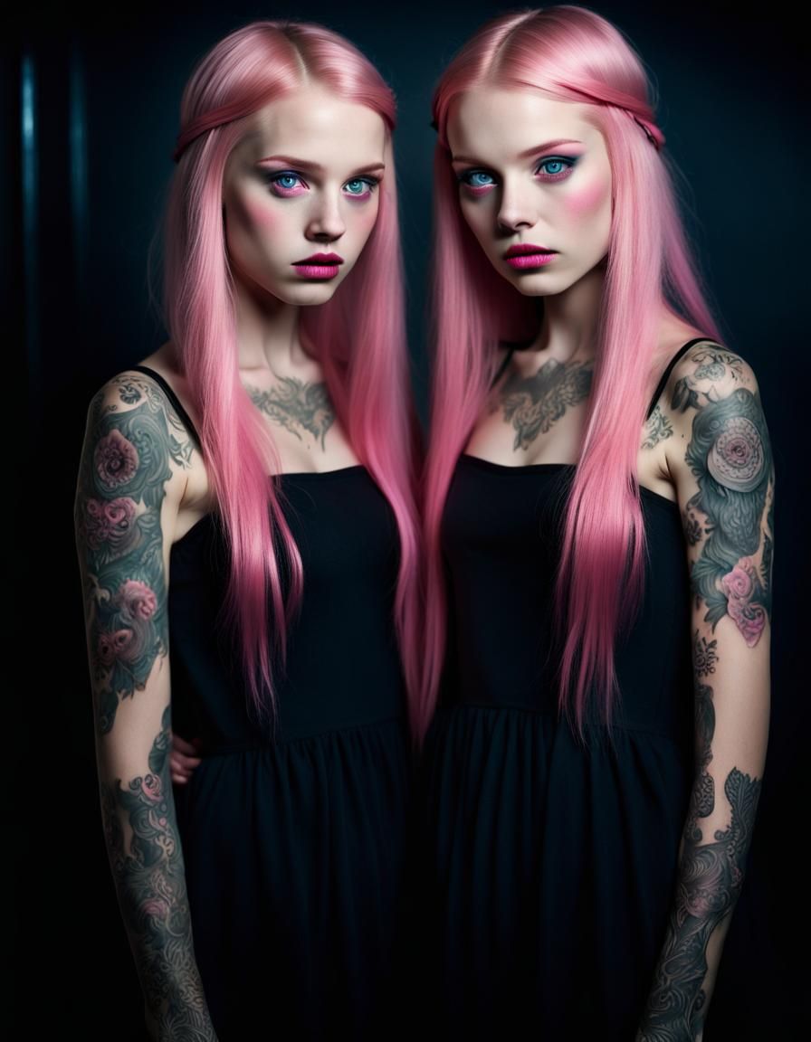 Hyperreal photography portrait half/body of two young twin sisters with ...