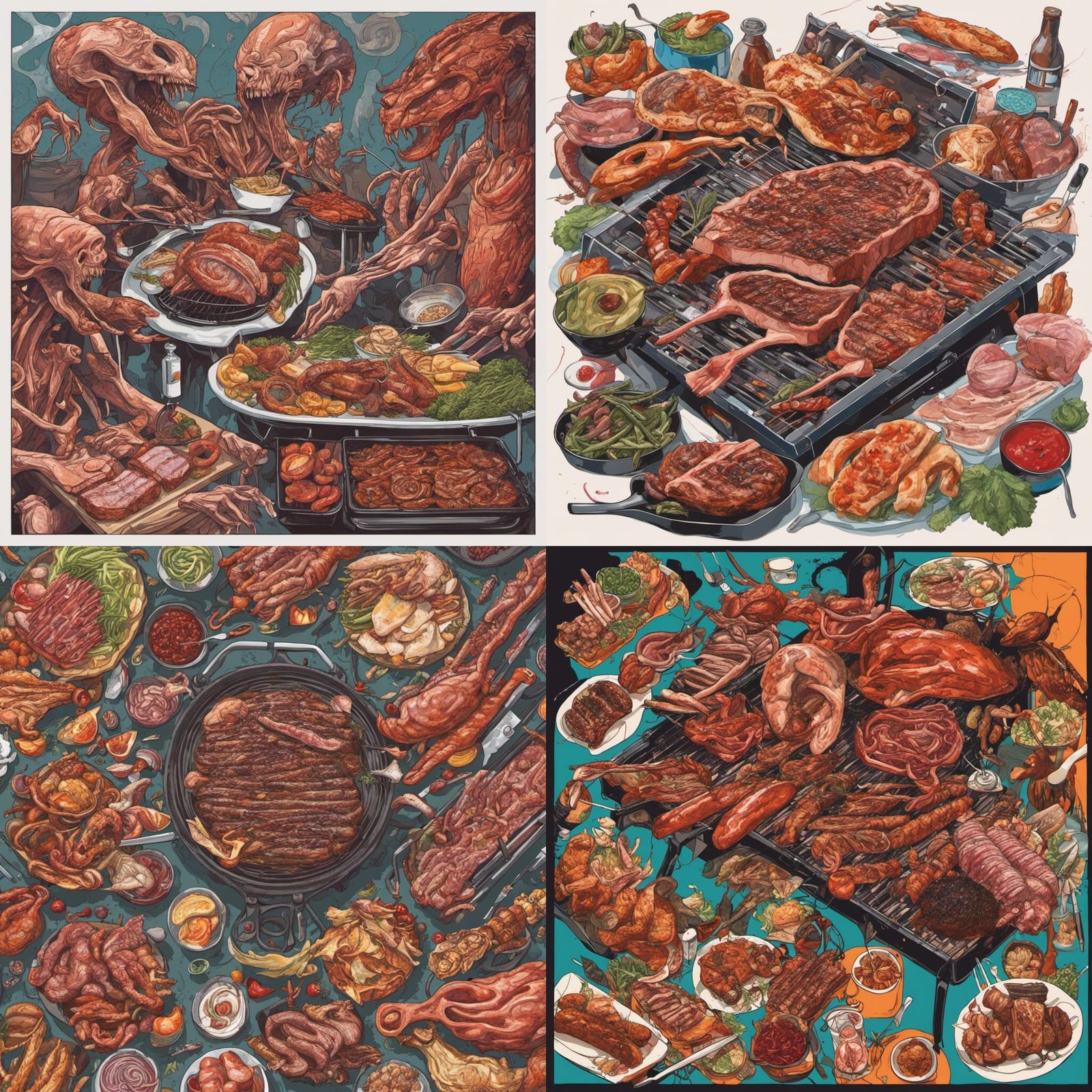 Massive BBQ grill, various meats from all species, aliens and humans ...