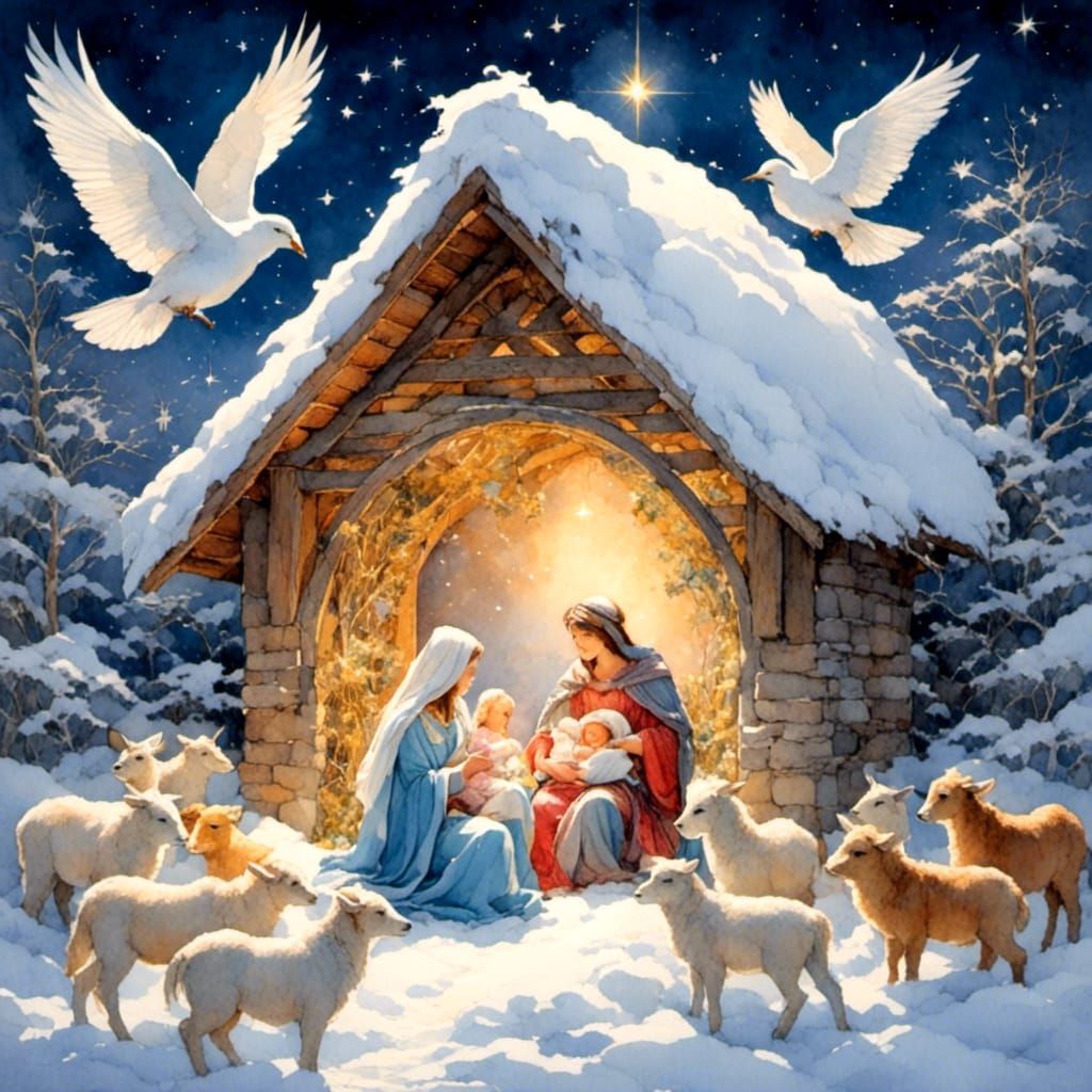 Amidst the illustrated snowy landscape, a nativity scene gracefully ...